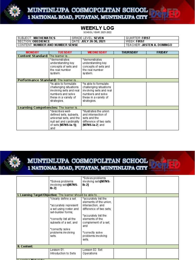 Mathematics 07 Quarter 01 Week 01 Weekly Log | PDF | Set (Mathematics ...