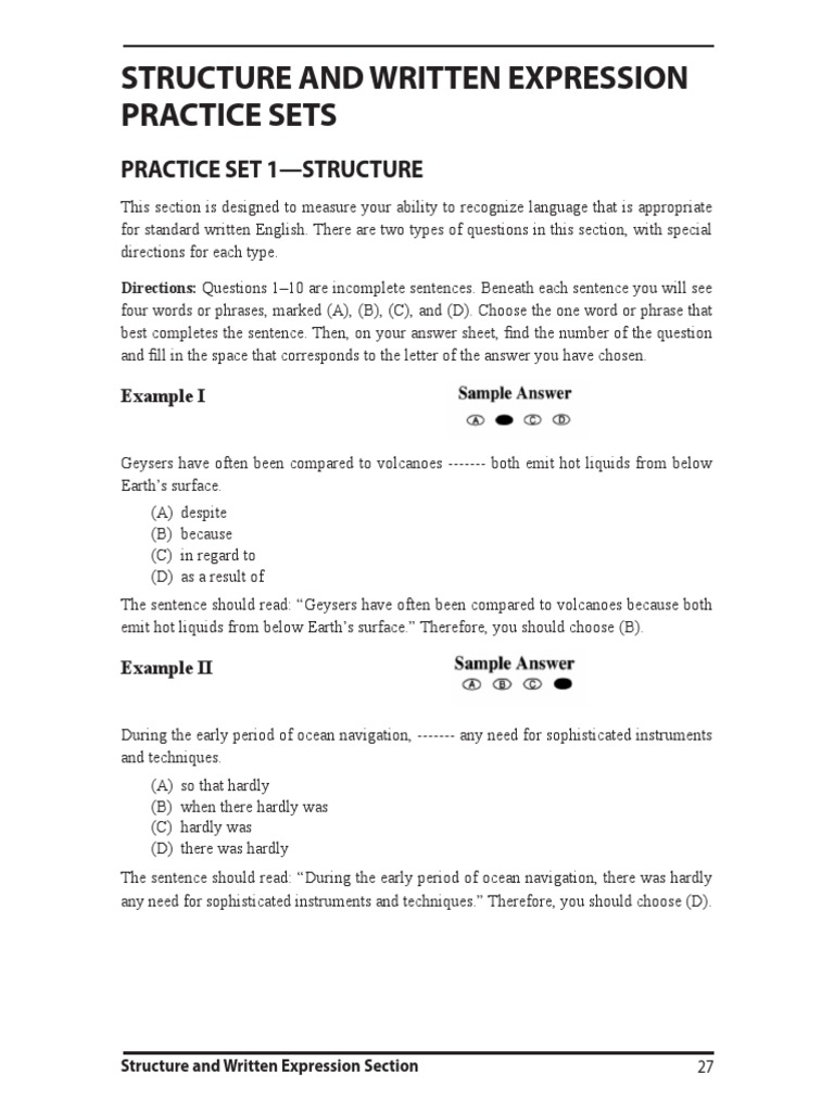Structure and Written Expression Practice Sets | PDF | Noun | Sentence ...