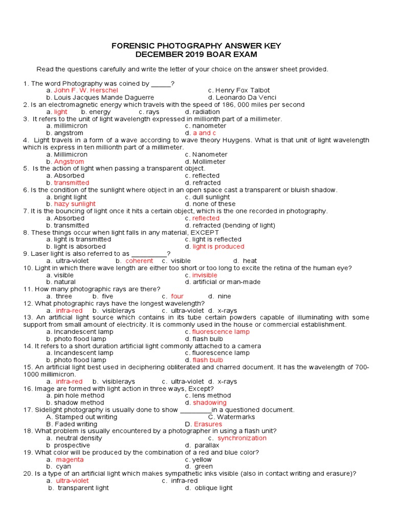 Forensic Photography Answer Key December 2019 Boar Exam: John F. W ...