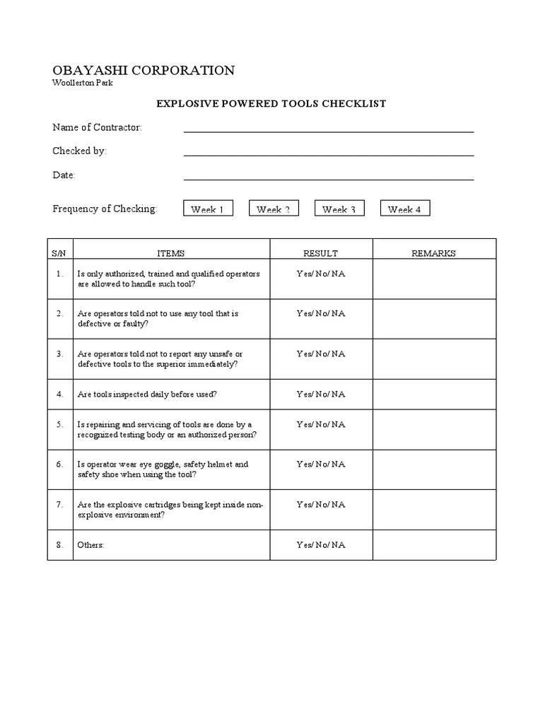 Obayashi Corporation: Explosive Powered Tools Checklist | PDF