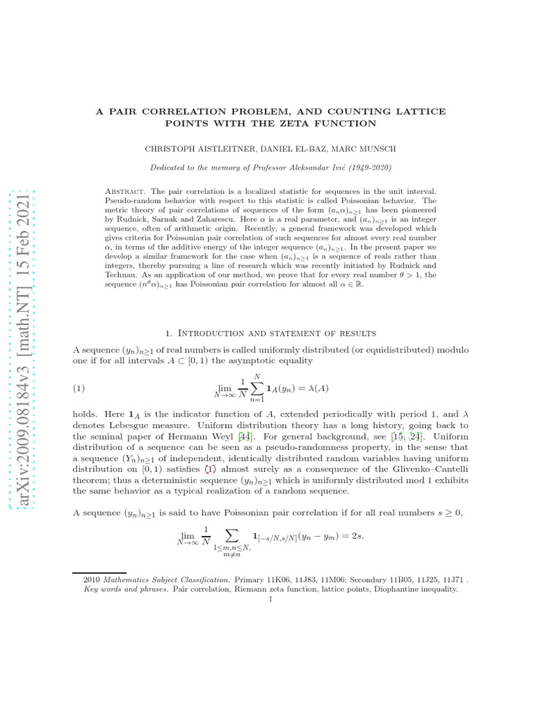 A PAIR CORRELATION PROBLEM, AND COUNTING LATTICE POINTS WITH THE ZETA FUNCTION CHRISTOPH ...