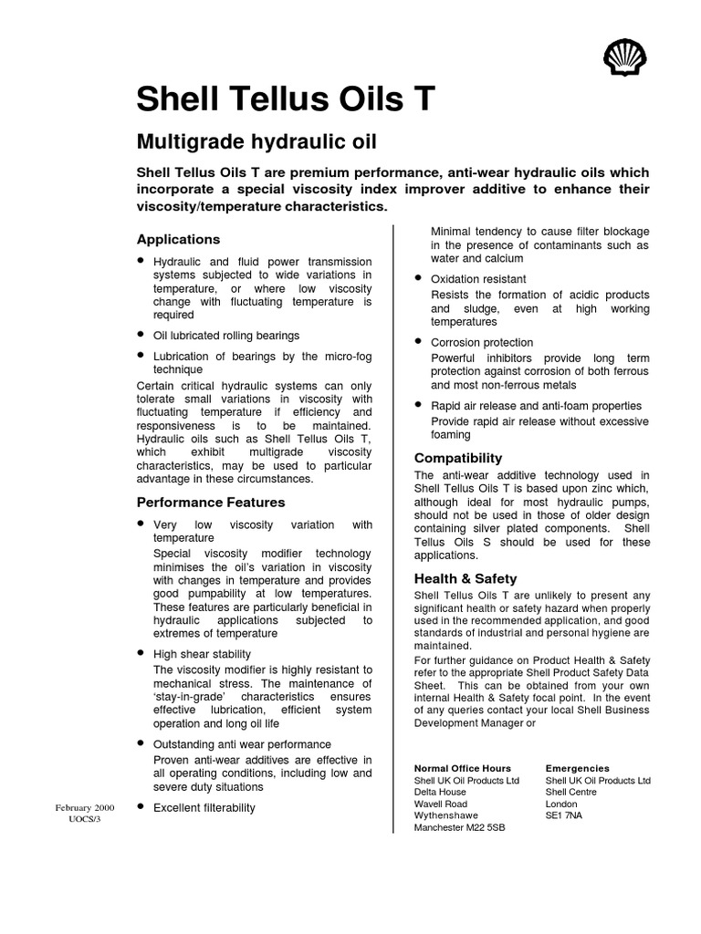 Shell Tellus Oils T: Multigrade Hydraulic Oil | PDF | Viscosity ...