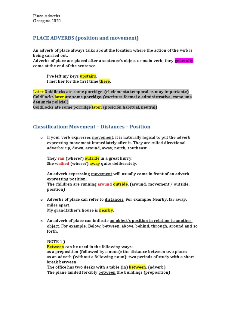 PLACE ADVERBS (Position and Movement) : Ran Walked | PDF | Adverb | Verb