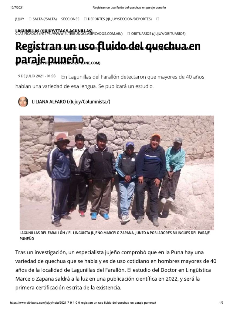 El Tribuno Jujuy - Quechua en Lagunillas | PDF