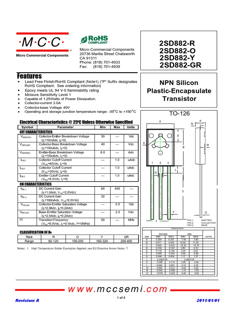 Mccsemi: 2SD882-R 2SD882-O 2SD882-Y 2SD882-GR | PDF | Bipolar Junction ...