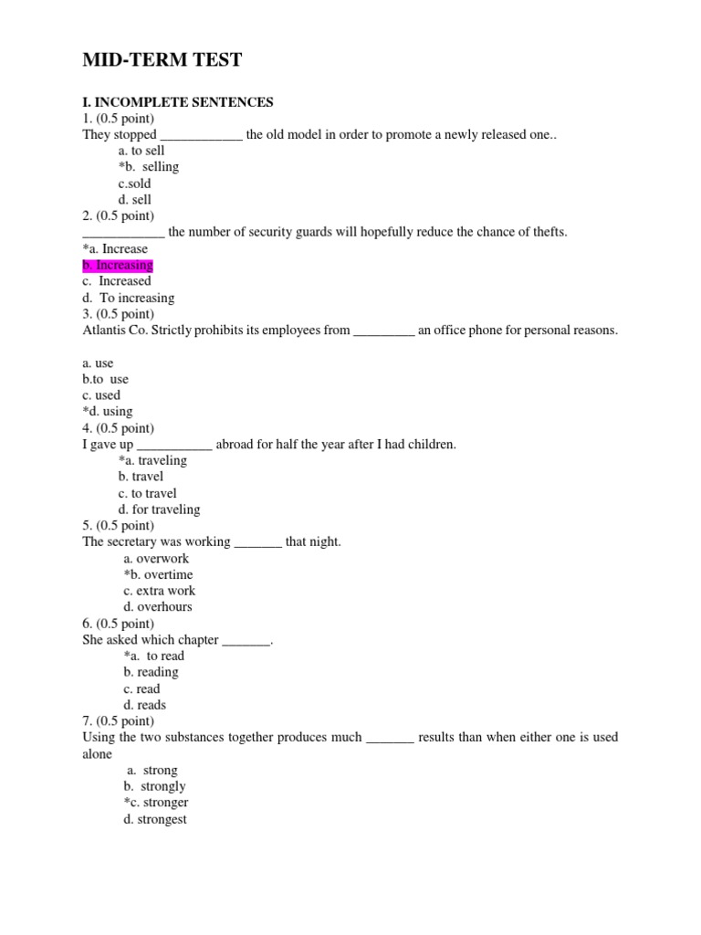 Mid-Term Test: I. Incomplete Sentences | PDF | Business | Science