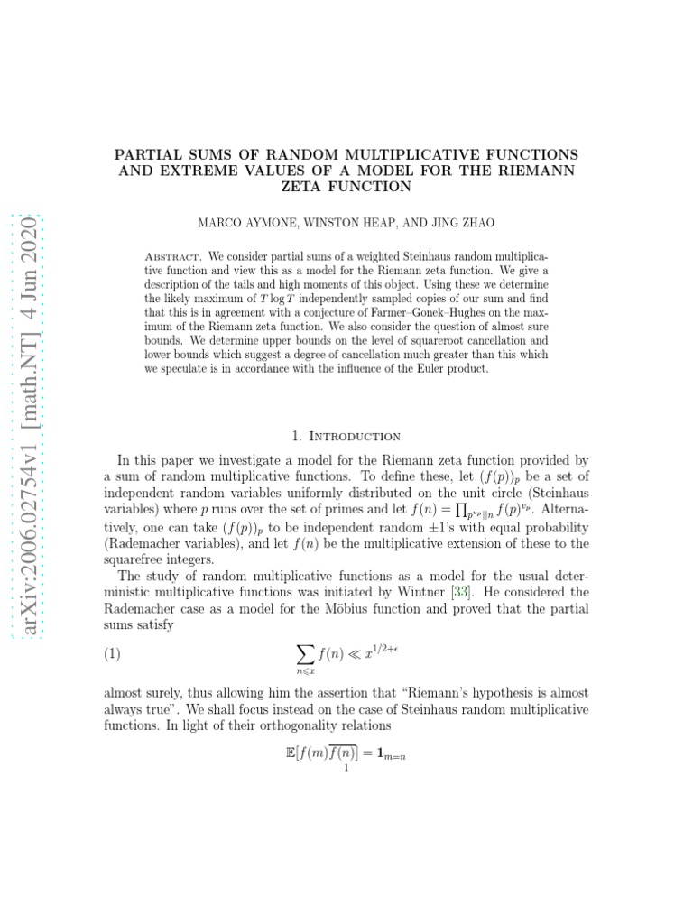 Partial Sums of Random Multiplicative Functions and Extreme Values of A Model For The Riemann ...