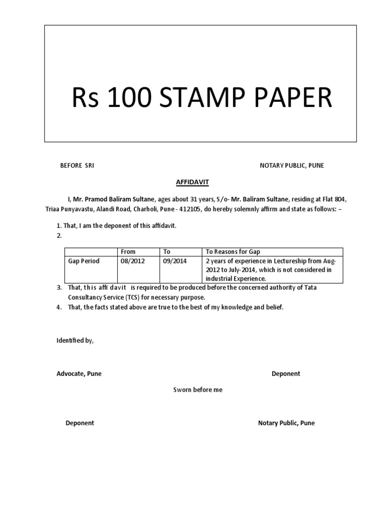 TCS Gap Affidavit on Rs 100 Stamp Paper | PDF
