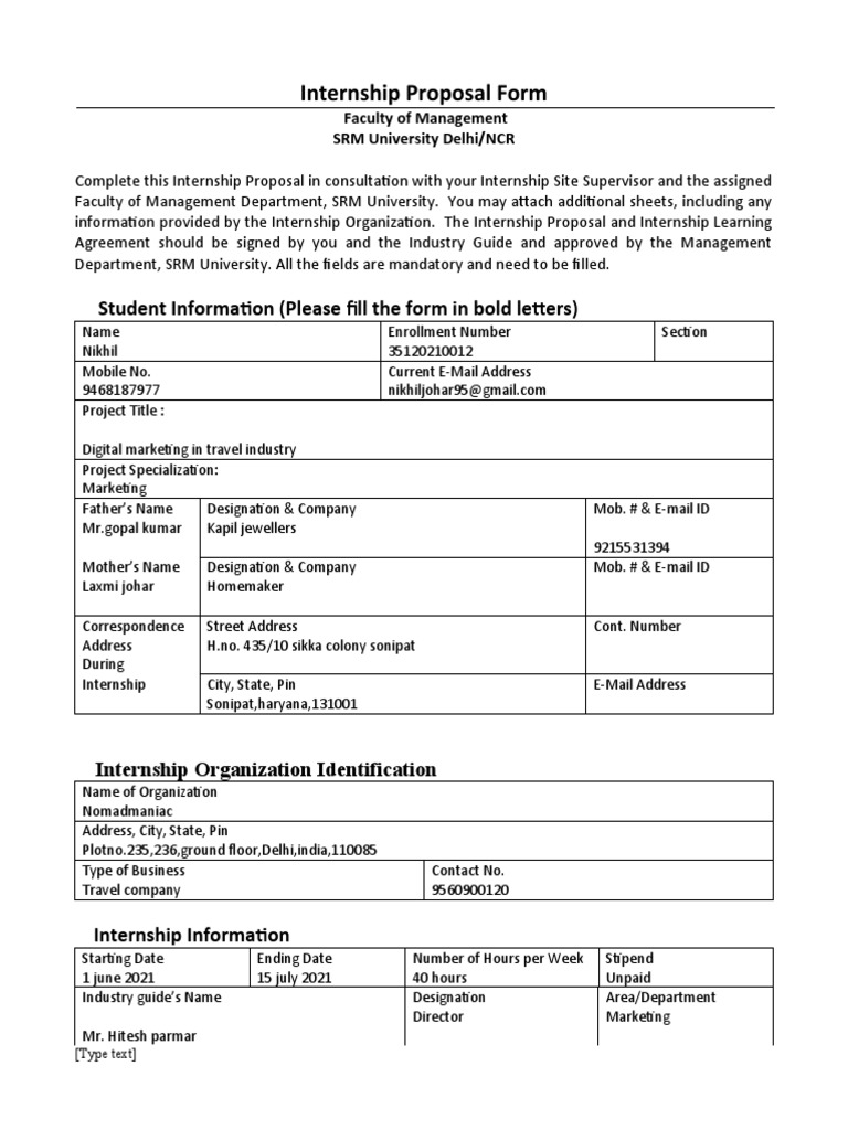 Internship Proposal & Learning Agreement SIP | PDF | Internship | Job ...
