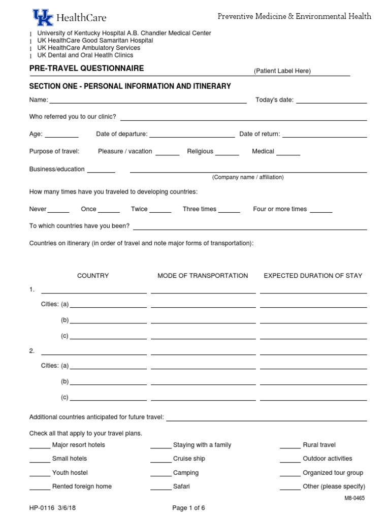 Travel Questionnaire Template | PDF | Vaccines | Hepatitis