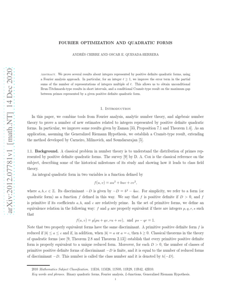 Key Words and Phrases. Binary Quadratic Forms, Fourier Analysis, L-Functions, Generalized ...