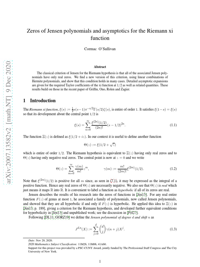 Zeros of Jensen Polynomials and Asymptotics For The Riemann Xi Function Cormac O'Sullivan ...