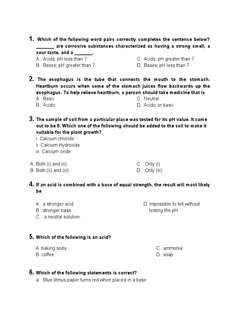 Acids and Bases Quiz | PDF | Acid | Atoms