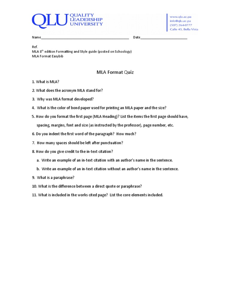 MLA Format Quiz PDF