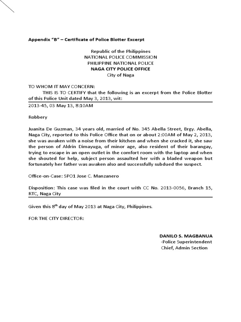 Appendix "B" - Certificate of Police Blotter Excerpt | Download Free ...