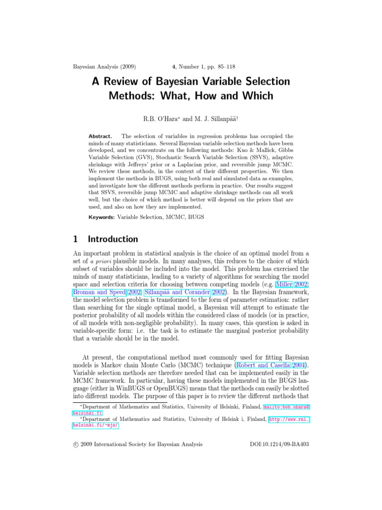A Review of Bayesian Variable Selection | PDF | Dependent And Independent Variables | Regression ...