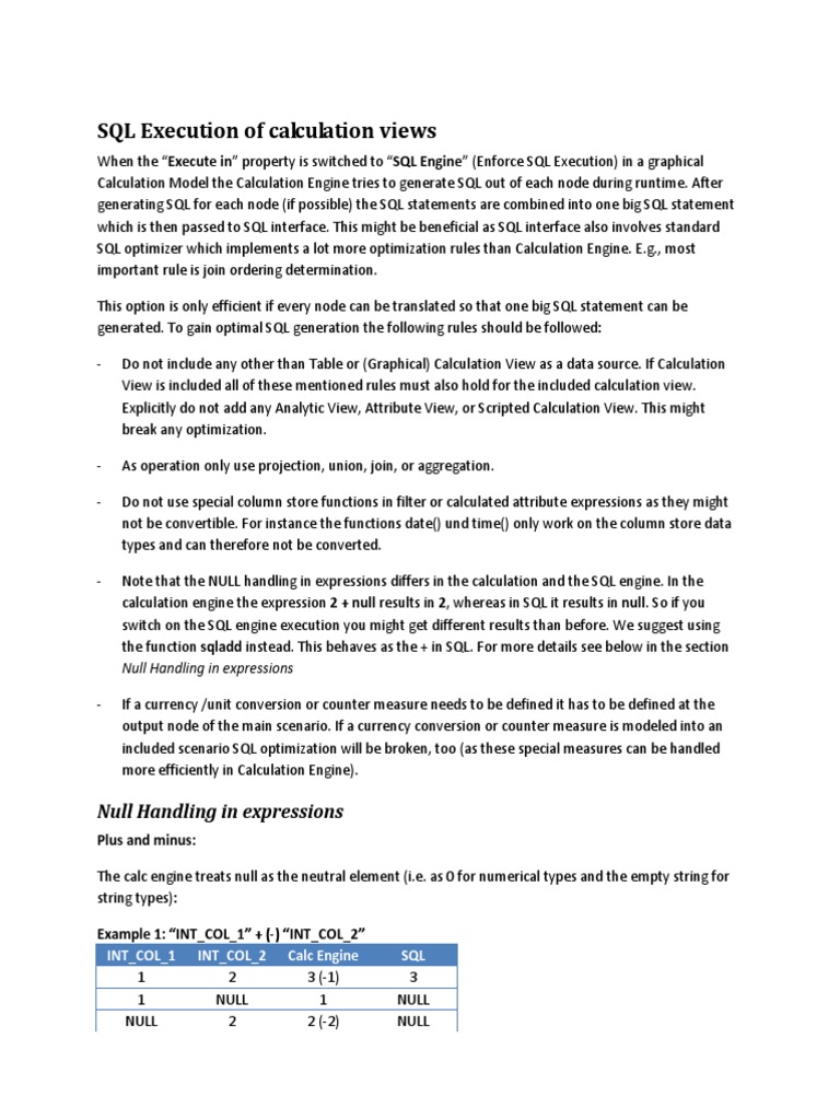 Sql Execution Of Calculation Views Null Handling In Expressions Pdf Sql Databases 