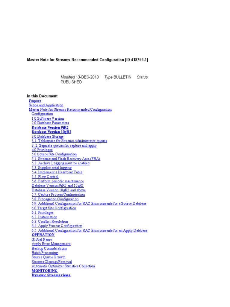 Master Note For Streams Recommended Configuration | PDF | Oracle Database | Databases