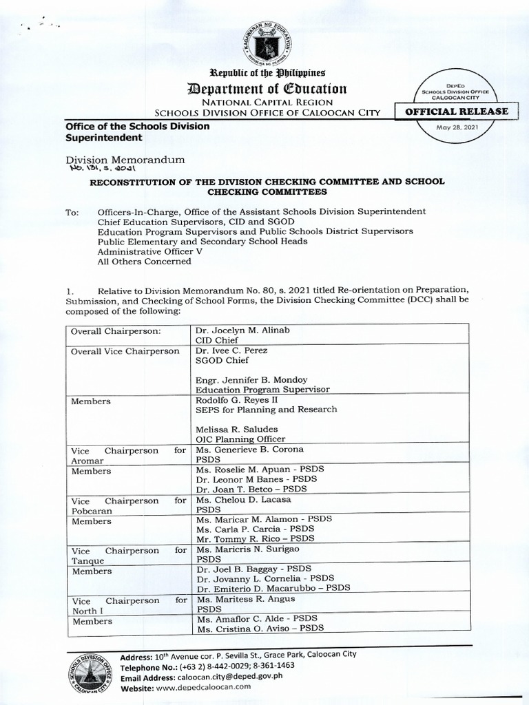 DM No. 131, S. 2021 - Reconstitution of The Division Checking Committee and School Checking ...
