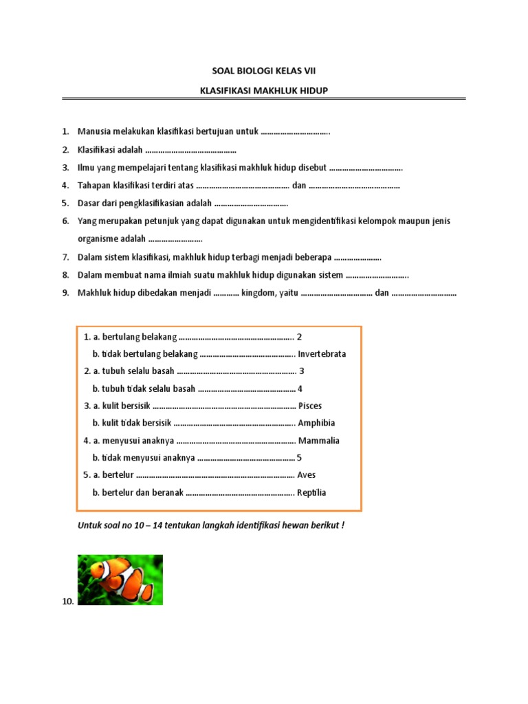 SOAL BIOLOGI KELAS VII - Klasifikasi MH | PDF