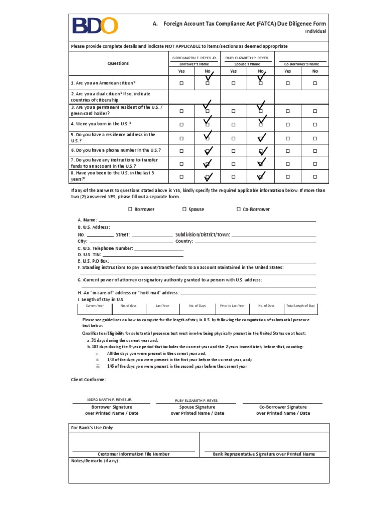 FATCA Due Diligence Form for Individuals | PDF | Government And ...