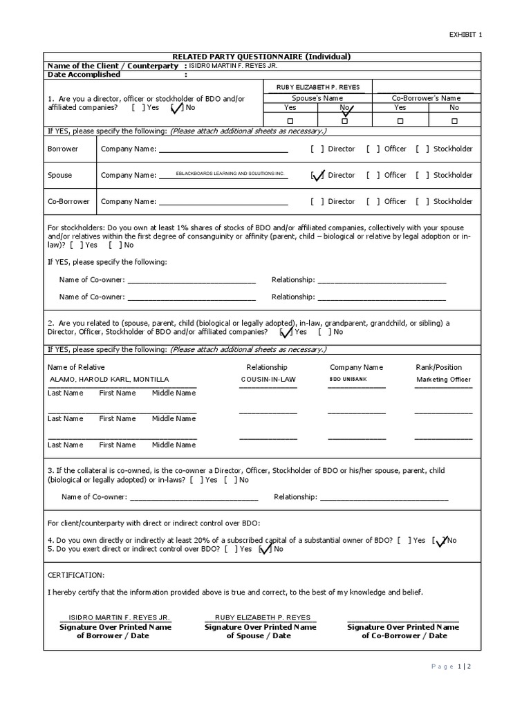 Analysis of Related Party Questionnaire for Isidro Martin F. Reyes Jr ...
