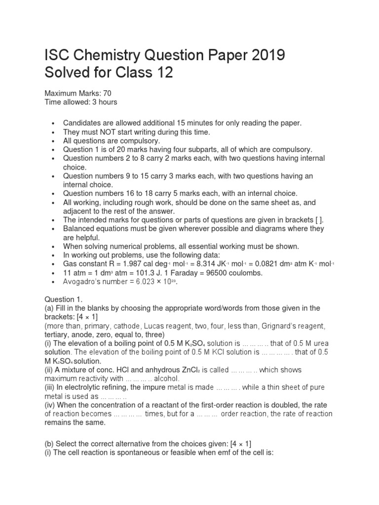 ISC Chemistry Question Paper 2019 For Class 12 | PDF | Transition ...