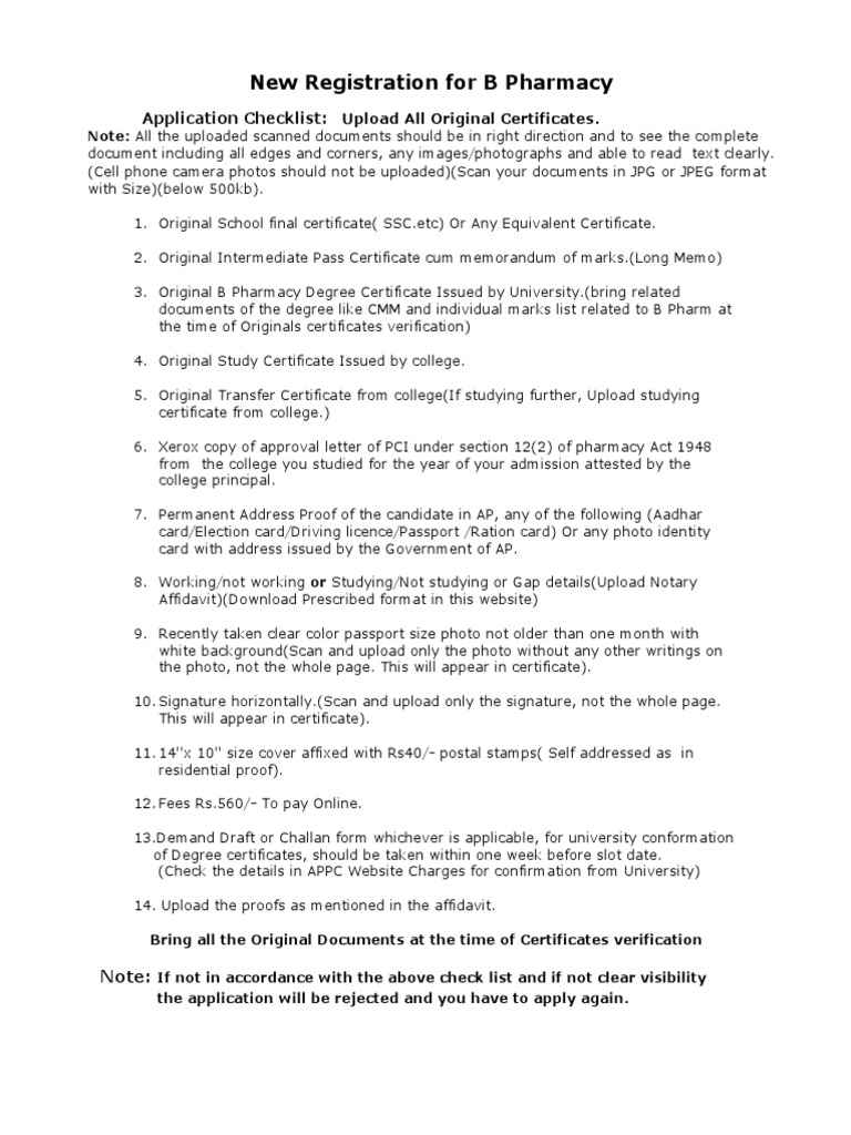 New Registration For B Pharmacy Checklist | PDF | Signature | Written ...