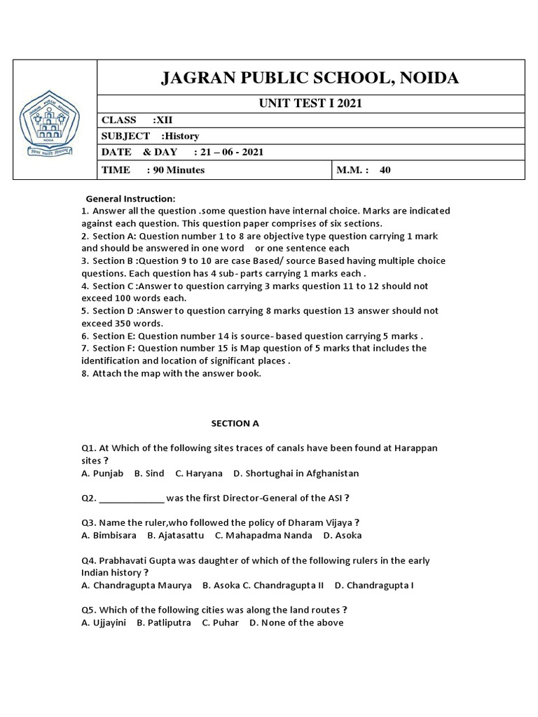 History Unit Test Paper for Class XII | PDF | Vedas | Sanskrit