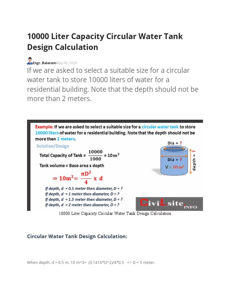 Liter Capacity Circular Water Tank Design Calculation | PDF