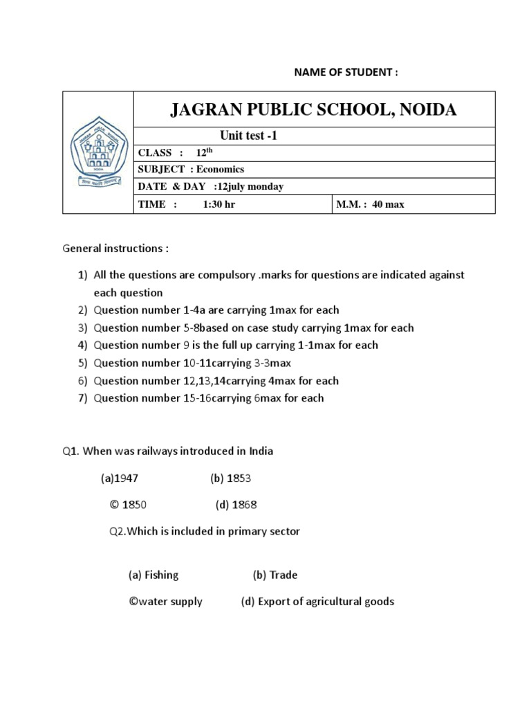 Eco Practice Paper Class 12 | PDF | Measures Of National Income And ...