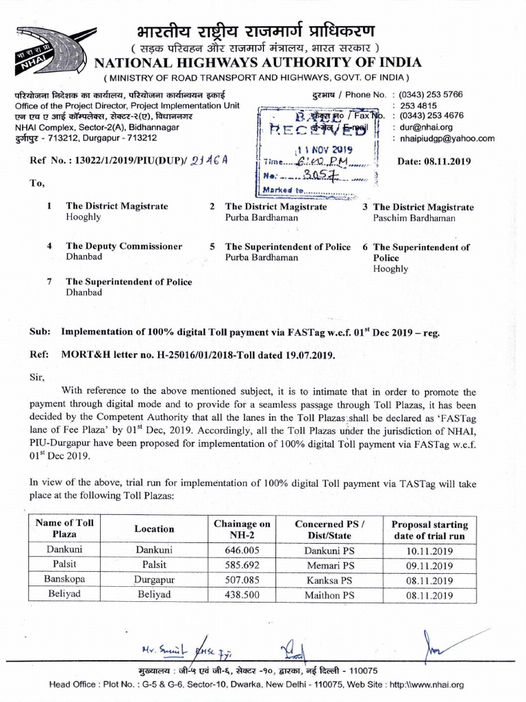 NHAI Letter No 2146A - Implementation of 100% Digital Toll Payment Via ...