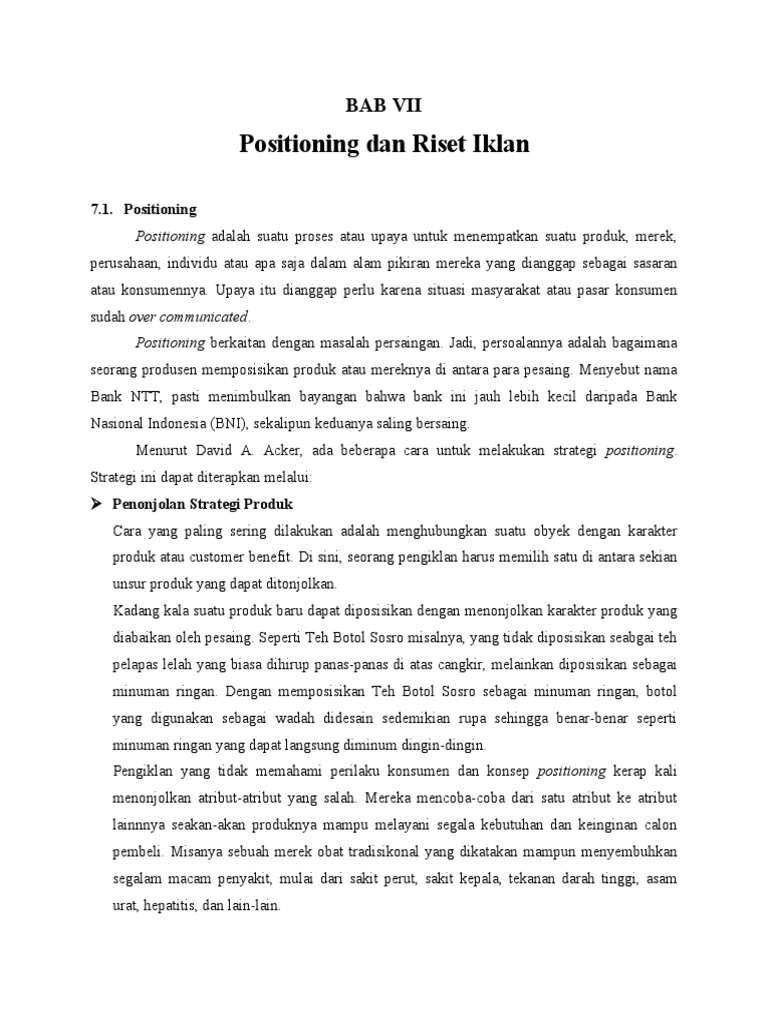 BAB VII POSITIONING Dan RISET Iklan | PDF