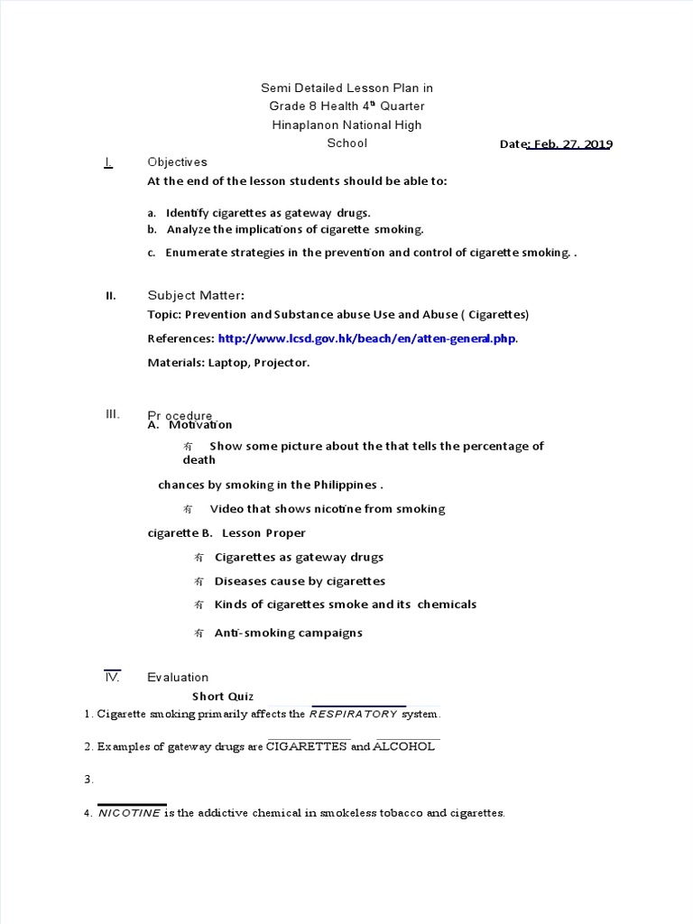 PDF Semi Detailed Lesson Plan in Healht | PDF | Cigarette | Tobacco Smoking