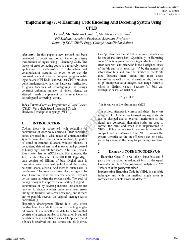 Implementing 7 4 Hamming Code Encoding and Decoding System Using CPLD IJERTV2IS70300 | PDF ...