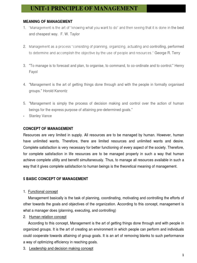 UNIT 1 NOTES Principle of Management Final | PDF | Science | Leadership