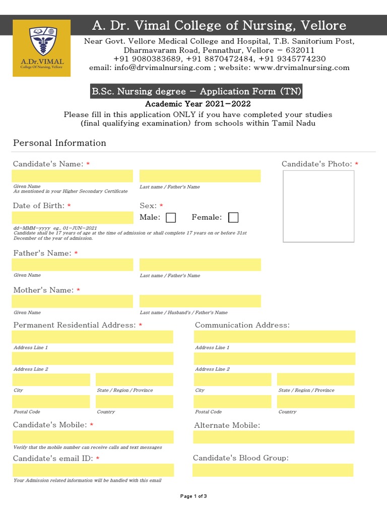 A. Dr. Vimal College of Nursing, Vellore: B.Sc. Nursing Degree ...