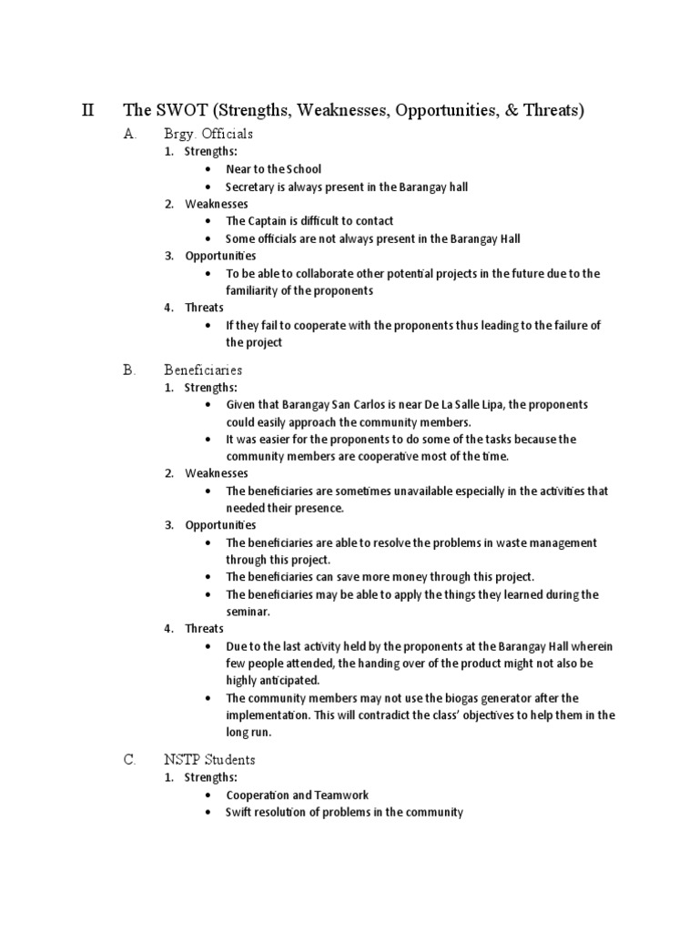 SWOT Analysis Barangay San Carlos Biogas Project | PDF | Biogas | Human ...