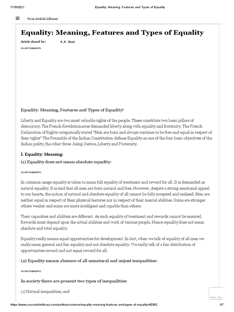 Equality - Meaning, Features and Types of Equality | PDF | Social ...
