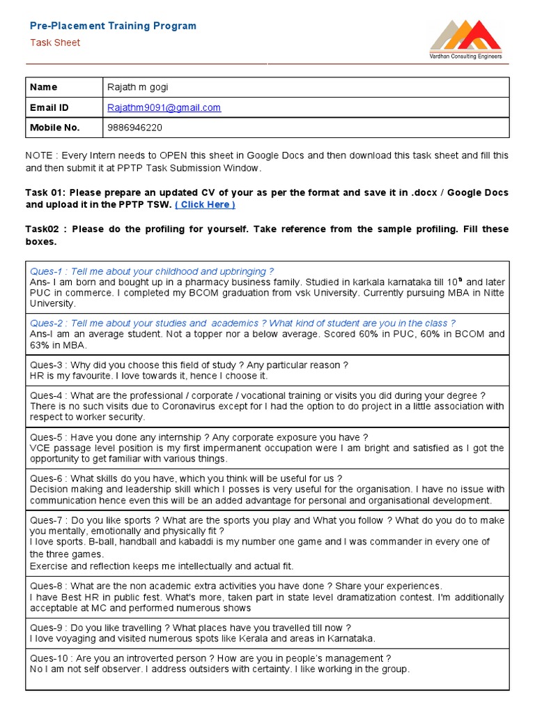 Pre-Placement Training Program: Task Sheet | PDF | Applied Psychology | Human Nature