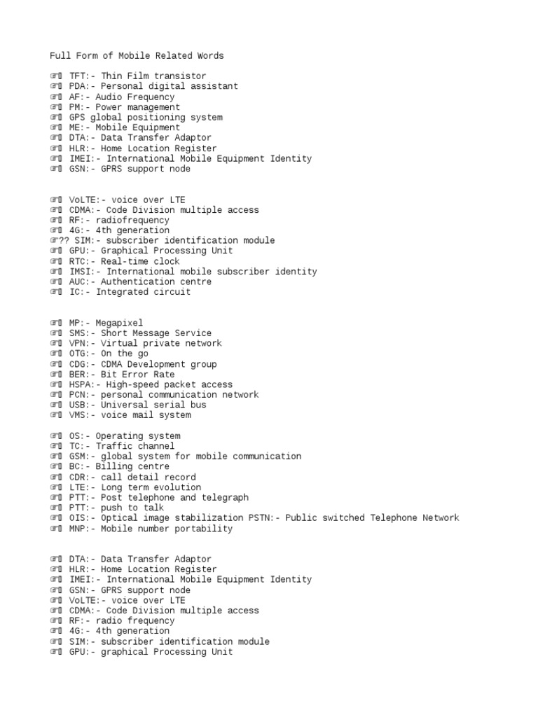 Full Forms Related Tto Mobile | PDF | Telecommunications | Software ...