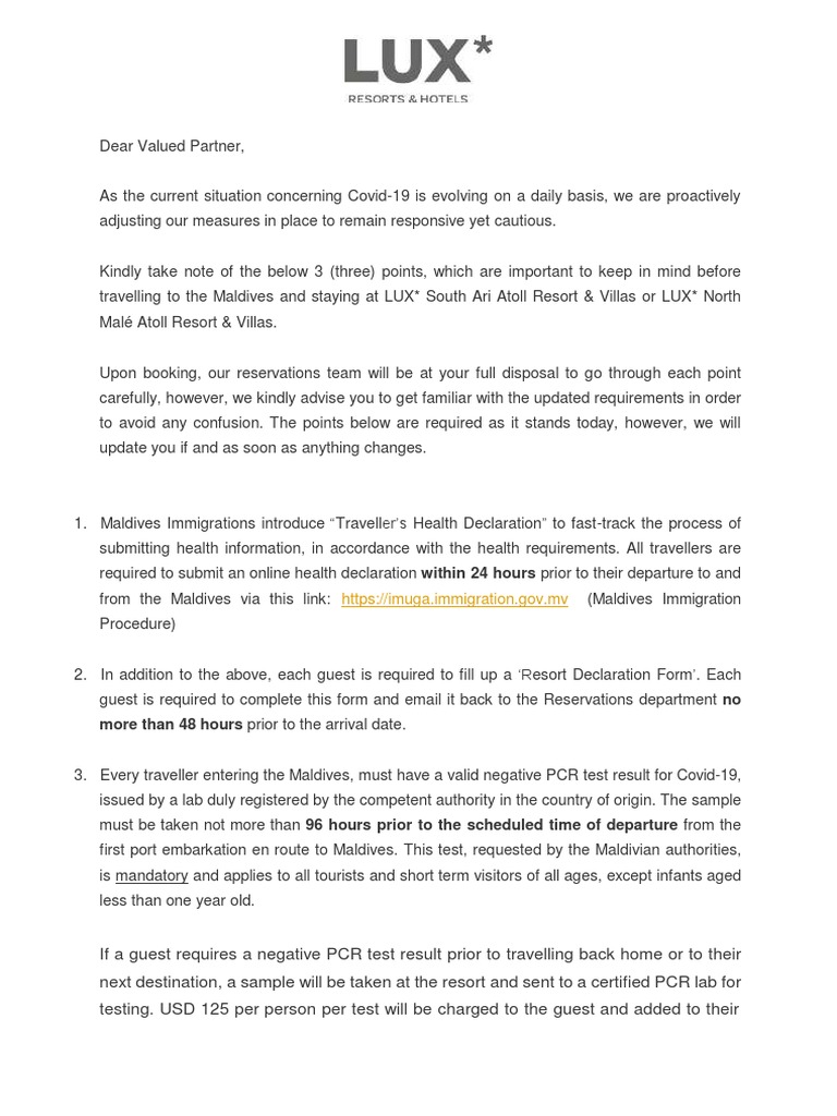 Requirements Pre-Arrival - LUX Resorts & Hotels, Maldives - 22.10.20 ...