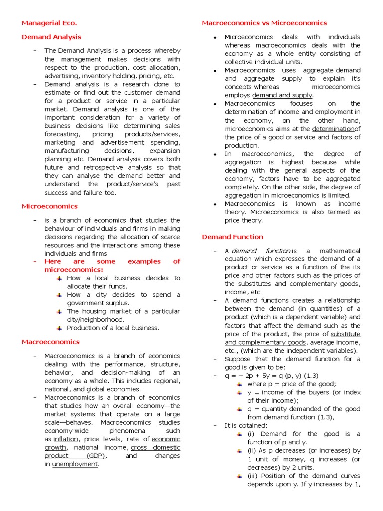 Managerial Eco. Demand Analysis Macroeconomics Vs Microeconomics | PDF | Microeconomics | Demand