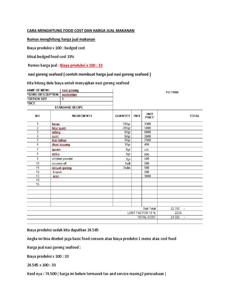 Rumus Menghitung Food Cost | PDF