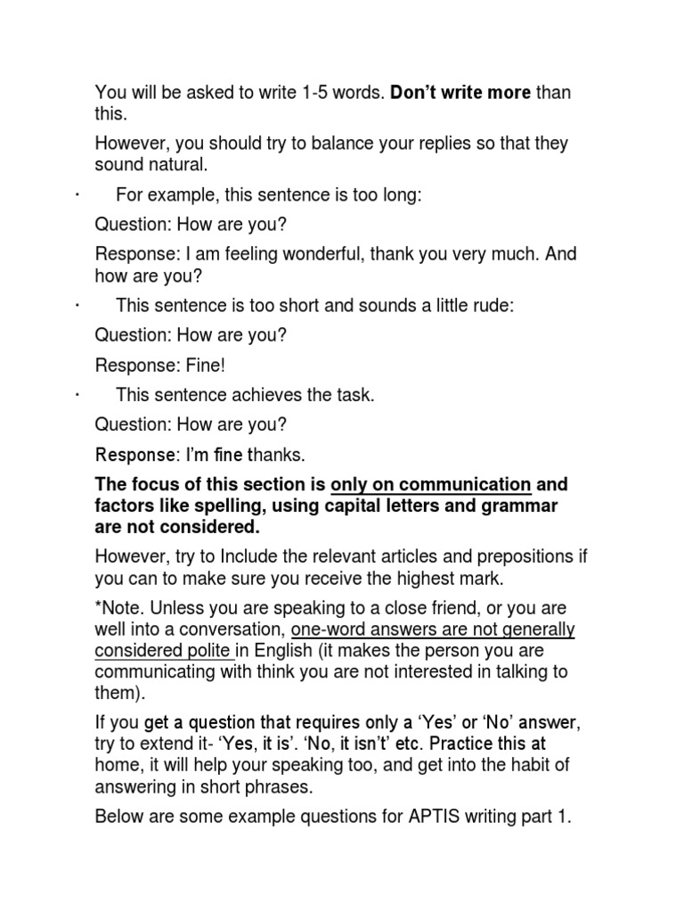 APTIS Writing Example Questions and Answers | PDF | Question ...