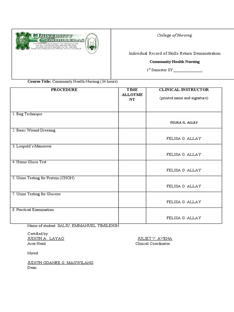 Nursing Skills Return Demonstration Log | PDF | Intravenous Therapy ...