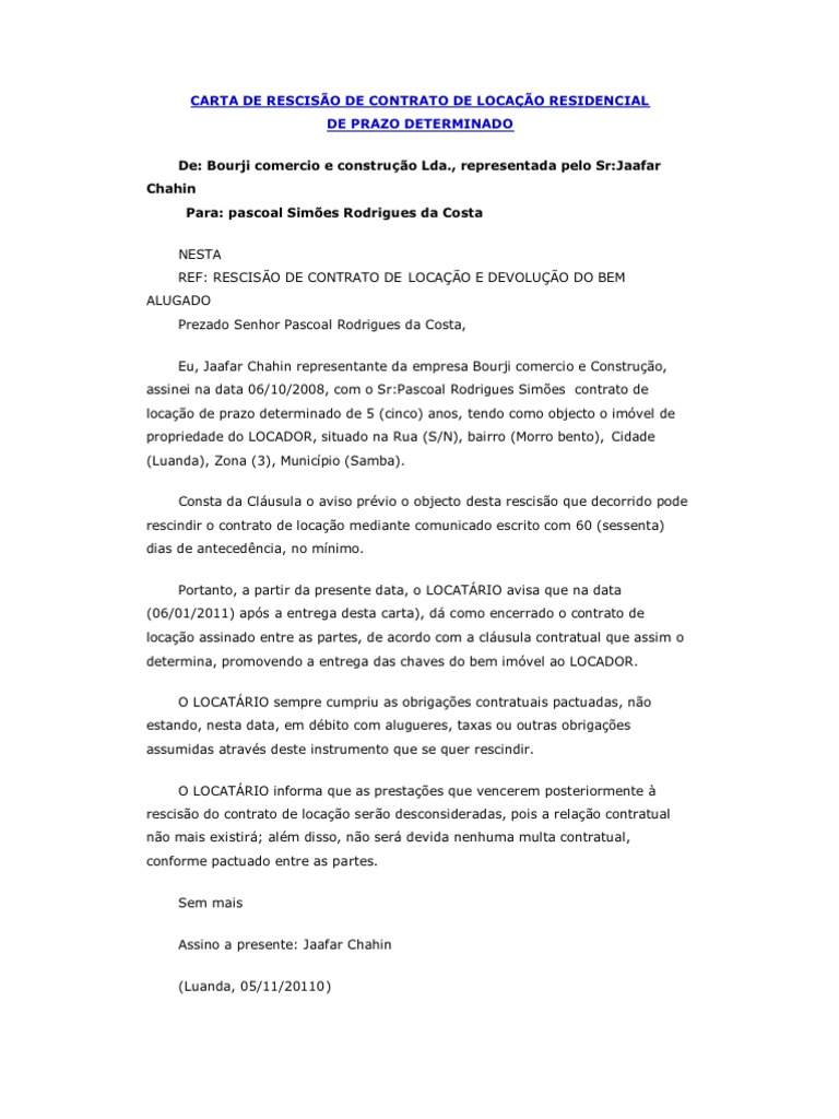 CARTA DE RESCISÃO DE CONTRATO DE LOCAÇÃO RESIDENCIAL