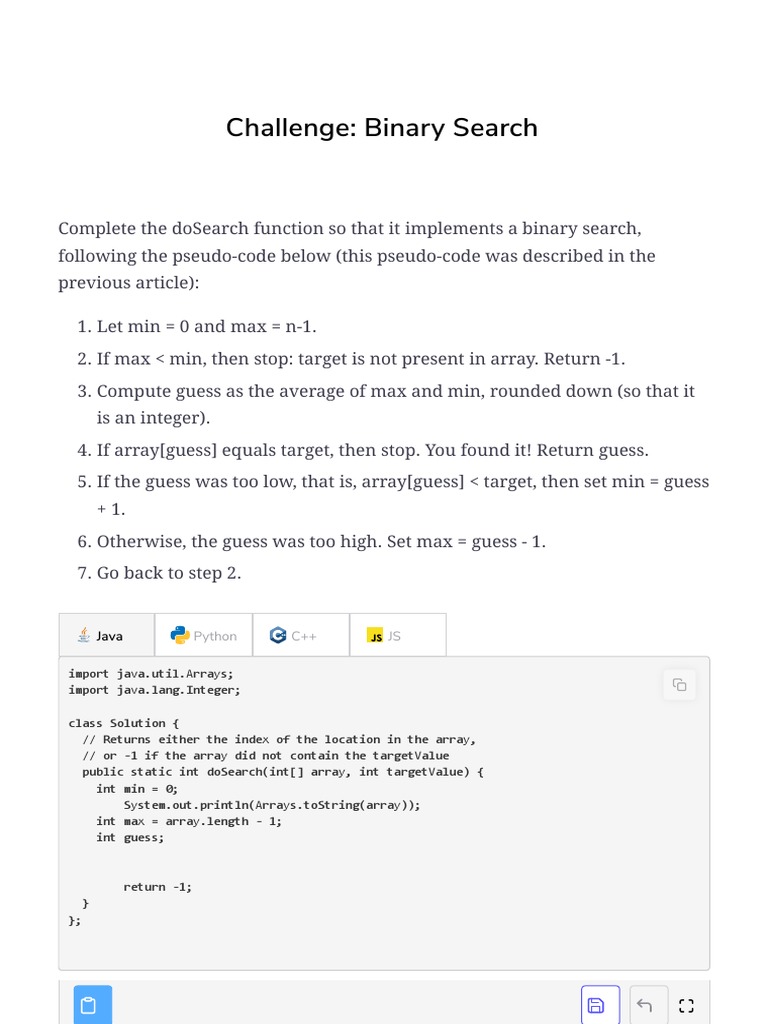 Challenge: Binary Search: Python C++ JS | PDF Challenge: Binary Search: Python C++ JS | PDF