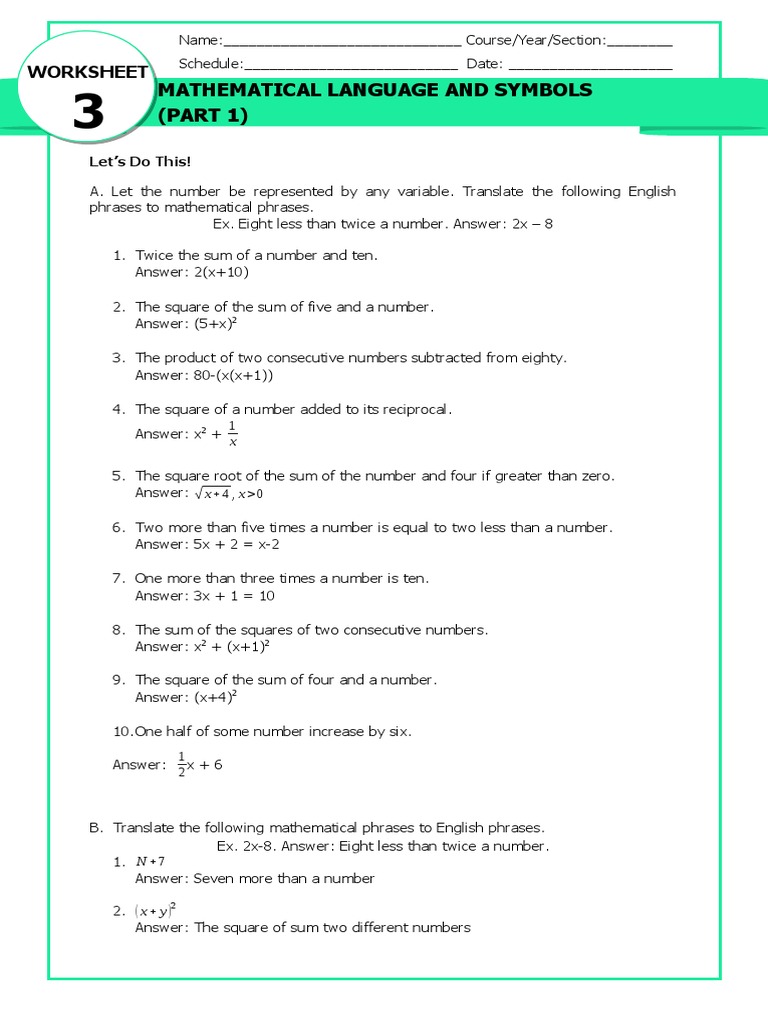 Mathematical Language and Symbols (PART 1) : Worksheet | PDF | Numbers ...