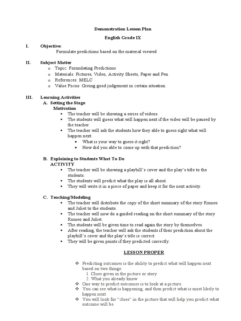 Demonstration Lesson Plan English Grade IX I. Objective | PDF | Romeo ...
